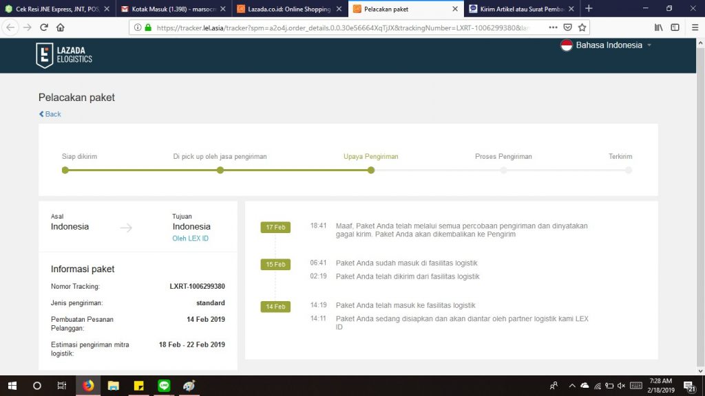 Status 'Gagal Kirim' Lazada tanpa Upaya Pengiriman oleh Kurir