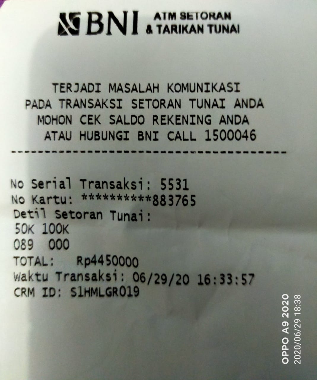 Kecewa atas CDM Setor Tunai BNI Bermasalah