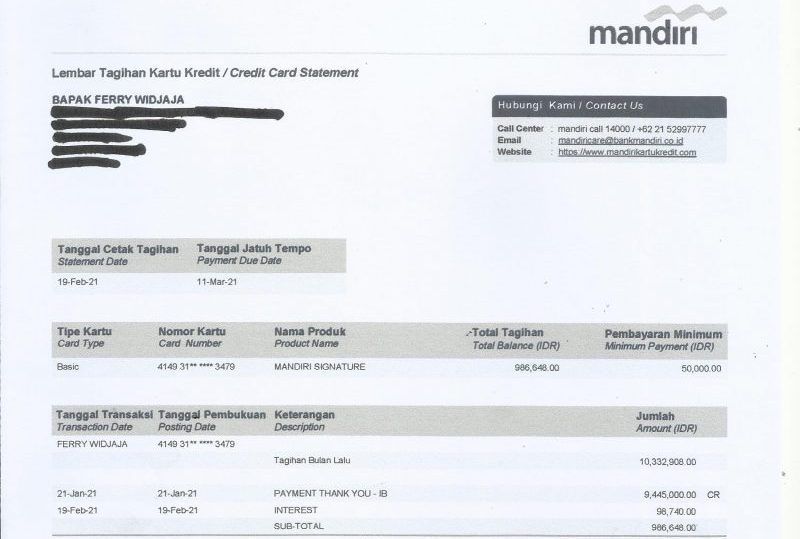 Kartu Kredit Bank Mandiri Tidak Tidak Konsisten, Merugikan Nasabah