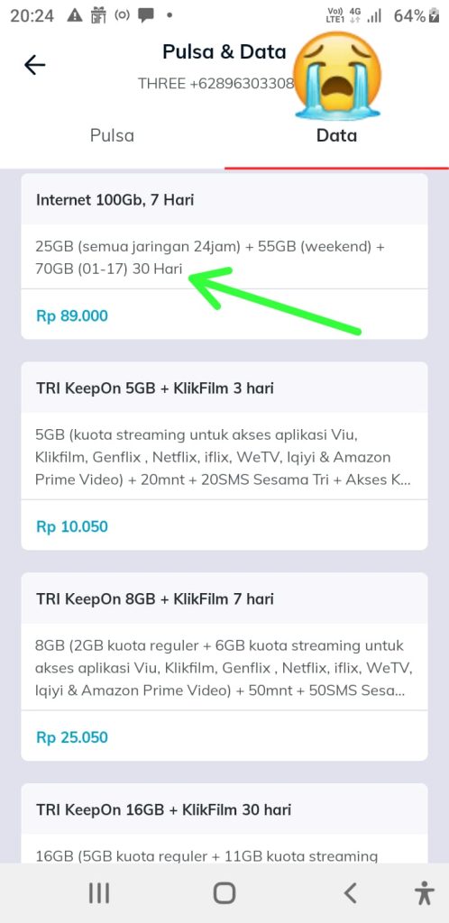 Paket Internet Three (3) di Aplikasi LinkAja Membingungkan