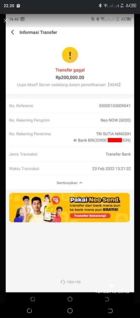 Transaksi Transfer dari Bank Neo Gagal, Saldo Belum Kembali