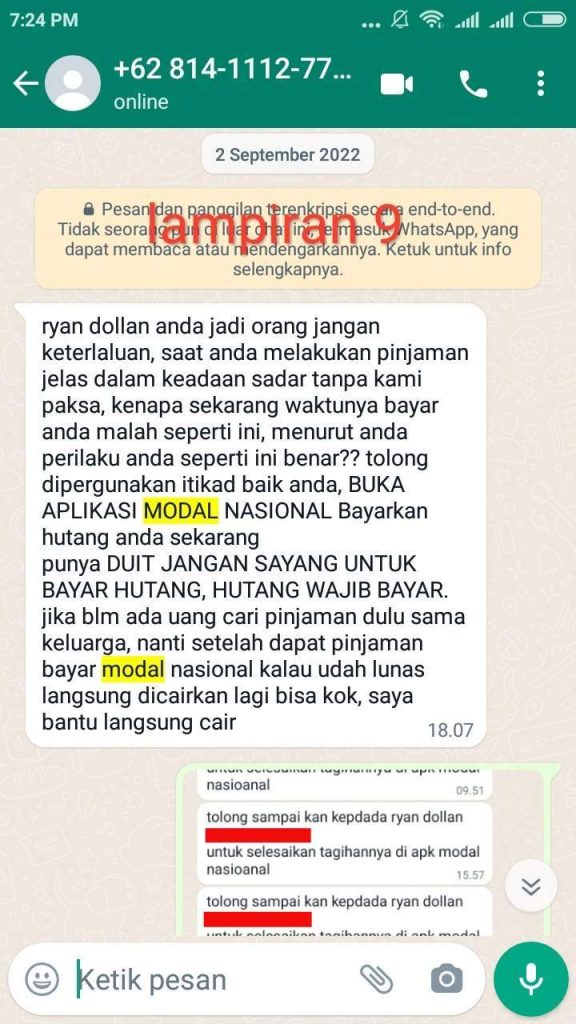 DC Pinjol Modal Nasional Menghubungi Kontak Darurat