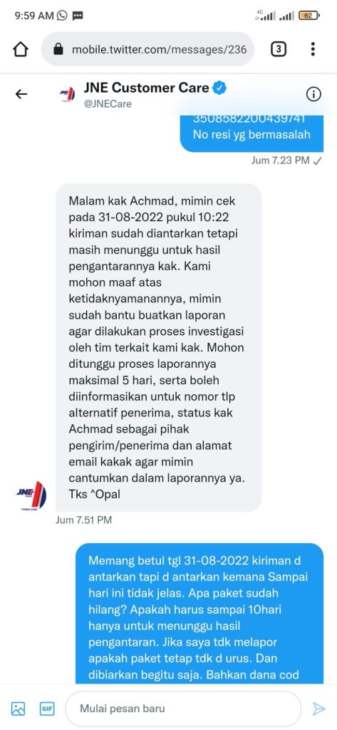 Status Paket COD JNE Tidak Jelas, CS Tidak Sigap Merespons Keluhan ...