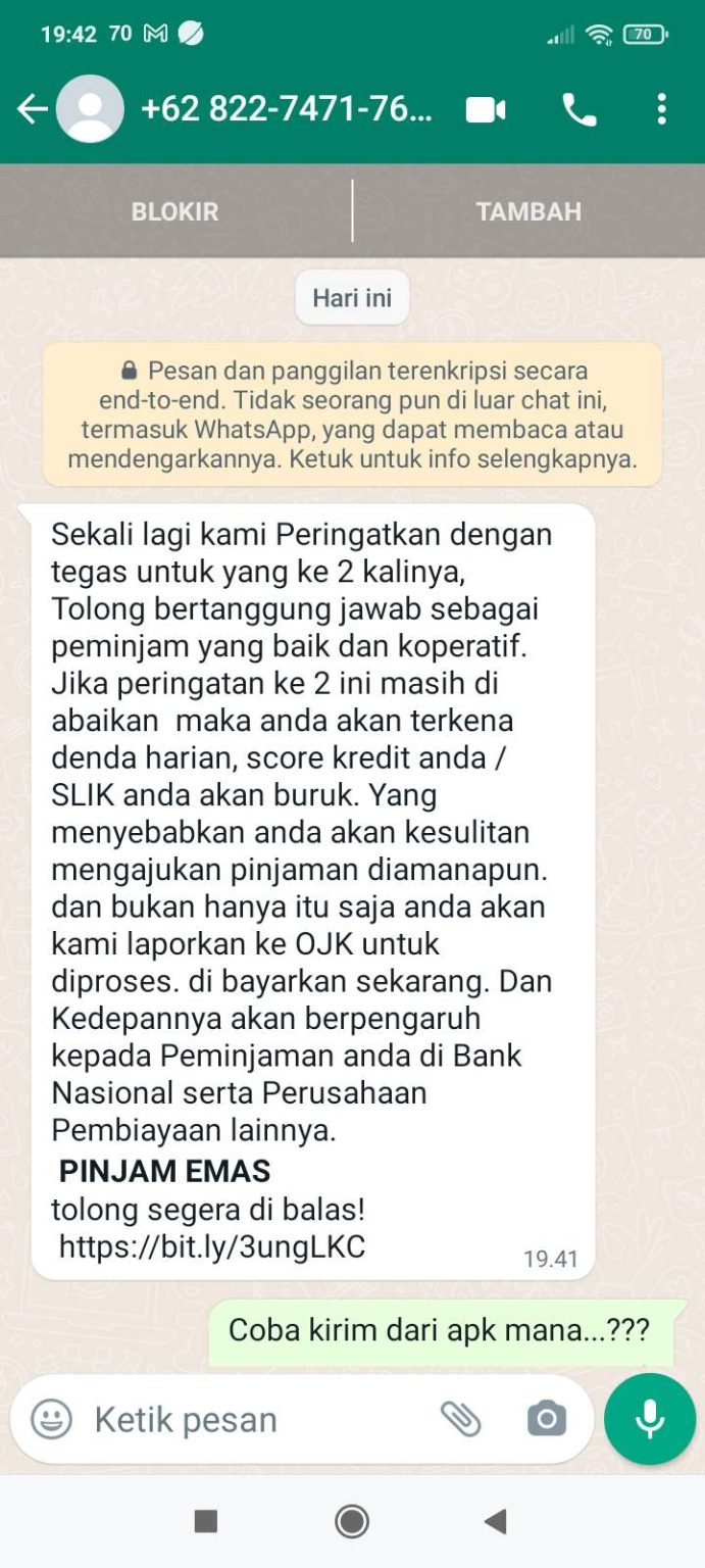 Pesan WhatsApp dari Pinjol Pinjaman Emas