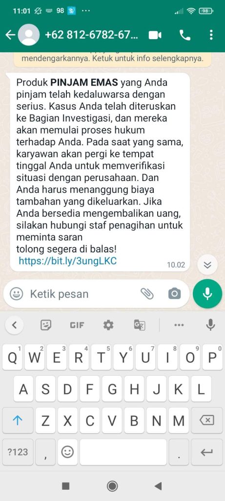 Pesan WhatsApp dari Pinjol Pinjaman Emas