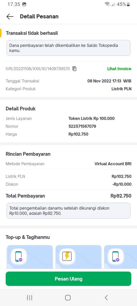 Transaksi Pembelian Token Listrik di Tokopedia Dibatalkan Sepihak