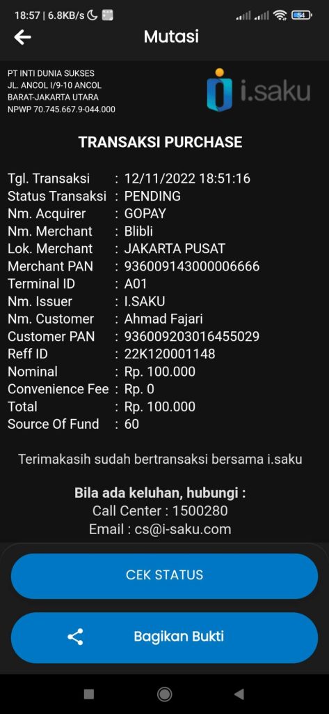 Transaksi Scan QR Pending di I.Saku