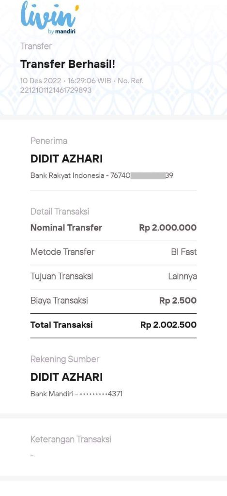 Transfer BI Fast dari Livin' by Mandiri ke BRI Belum Masuk