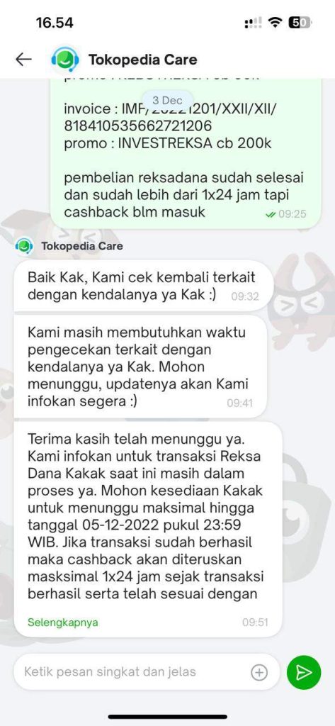 Cashback Promo Pembelian Reksadana di Tokopedia Tidak Diberikan