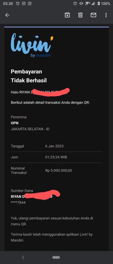 Transaksi QRIS Livin' Bank Mandiri Tidak Berhasil, Pengembalian Saldo yang Terpotong Tidak Jelas