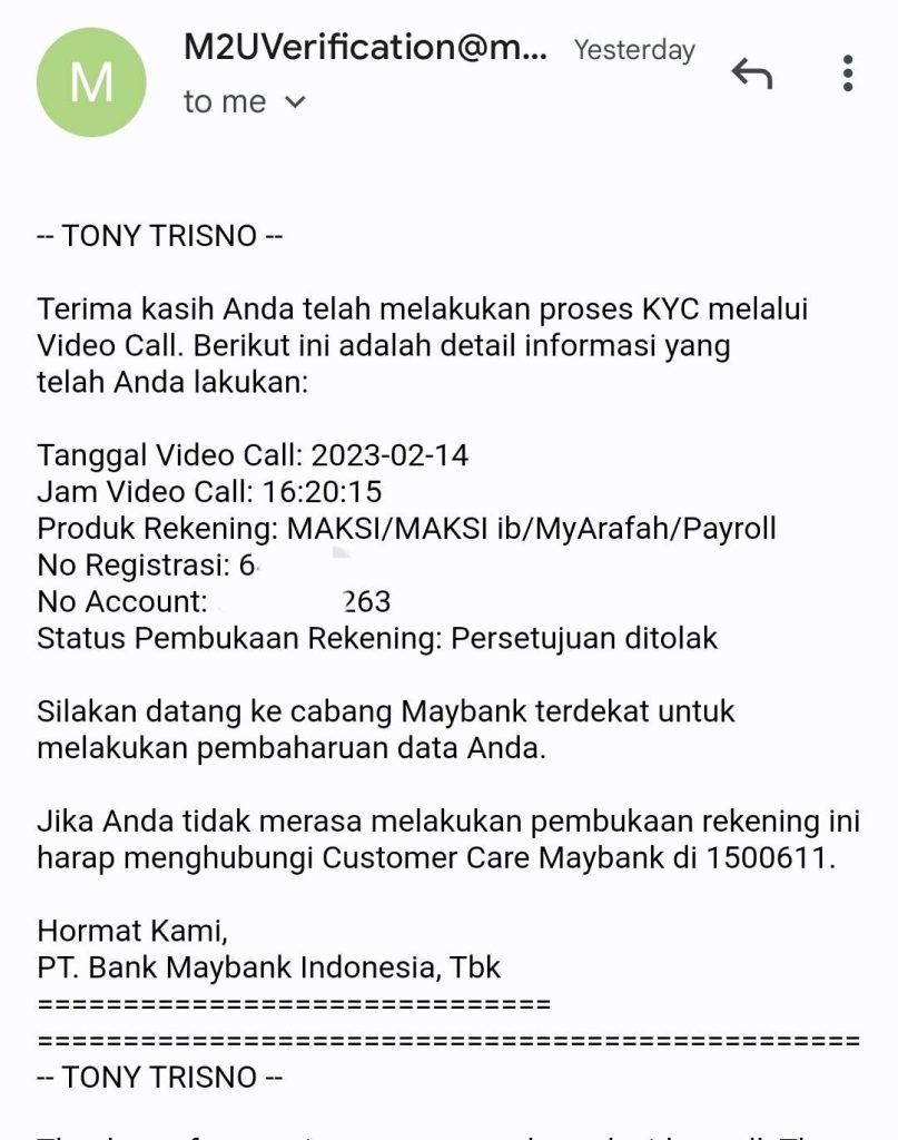 Pembukaan Rekening Online Maybank Gagal dan Disuruh ke Kantor Cabang