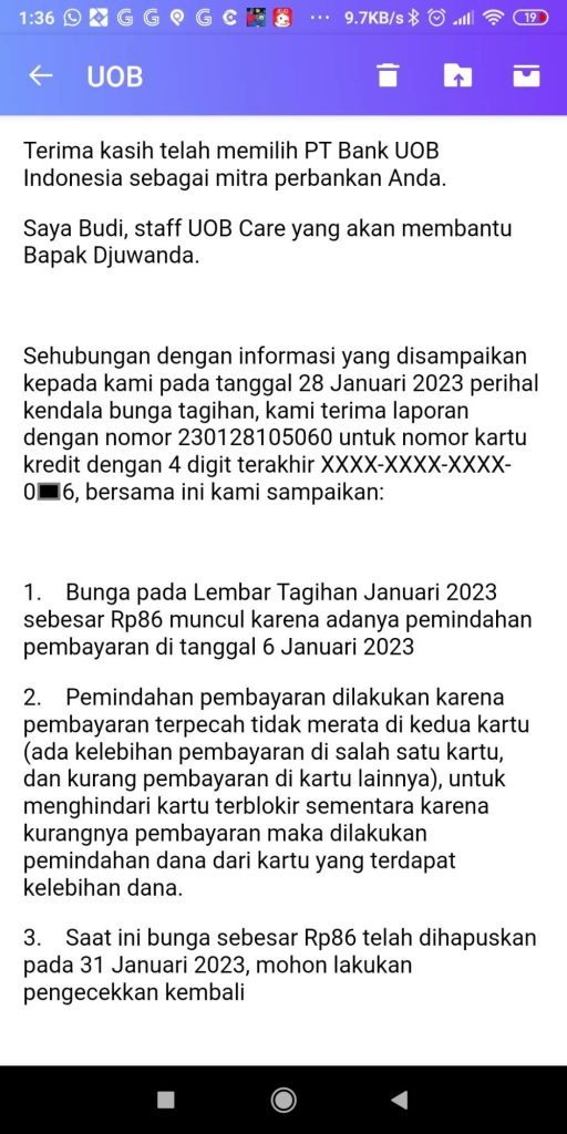 Denda Gaib Tagihan Kartu Kredit Bank UOB, Informasi Customer Service Tidak Logis dan Plin-plan