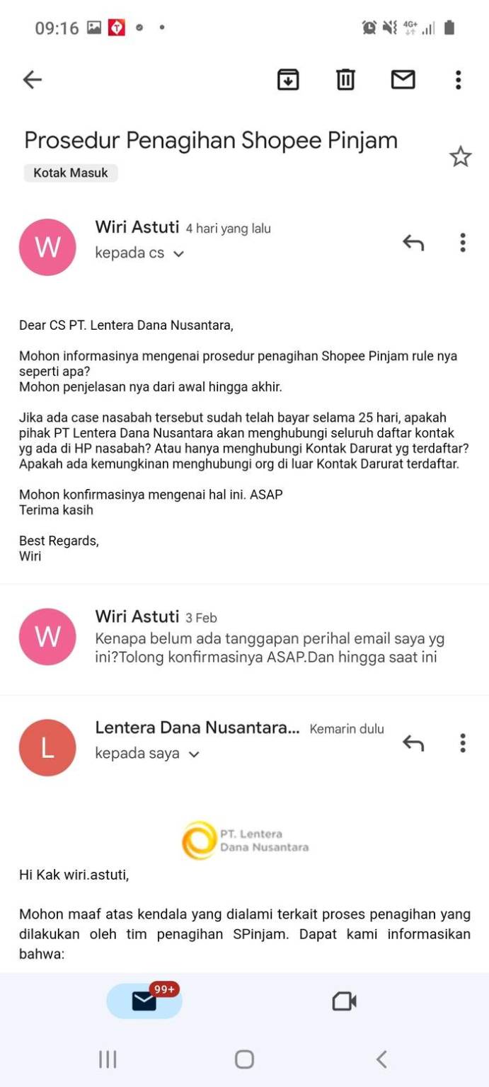 Pihak PT Lentera Dana Nusantara (Shopee SPinjam) Menghubungi Selain Kontak Darurat