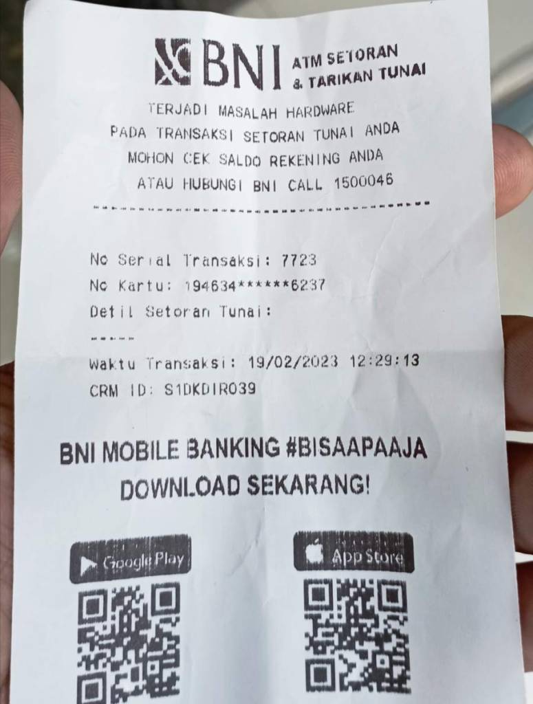 Setor Tunai ATM BNI Tidak Masuk Rekening, Proses Pelaporan Lambat