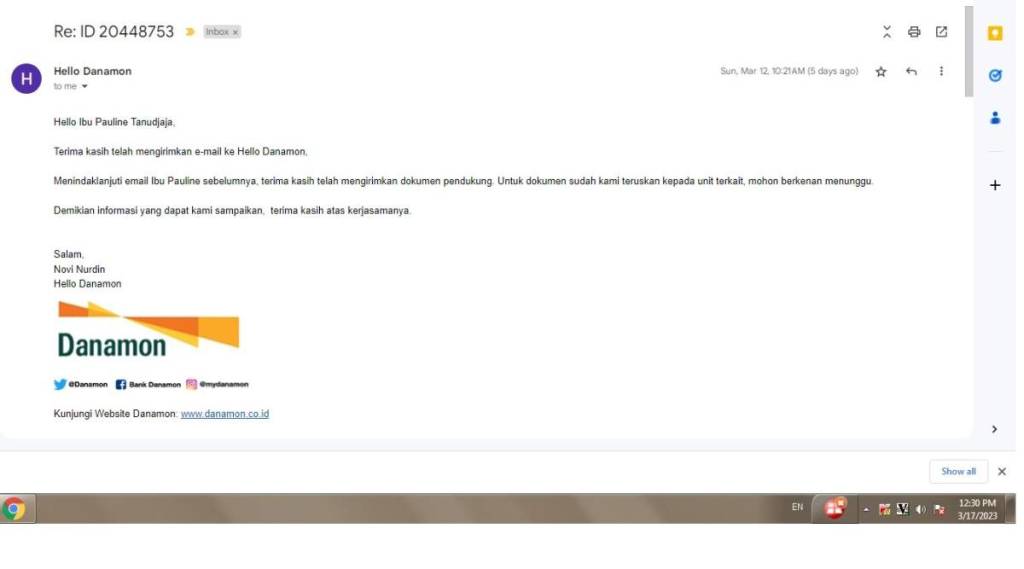 Tanggapan Bank Danamon atas Surat Ibu Pauline Tanudjaja terkait Masalah ...