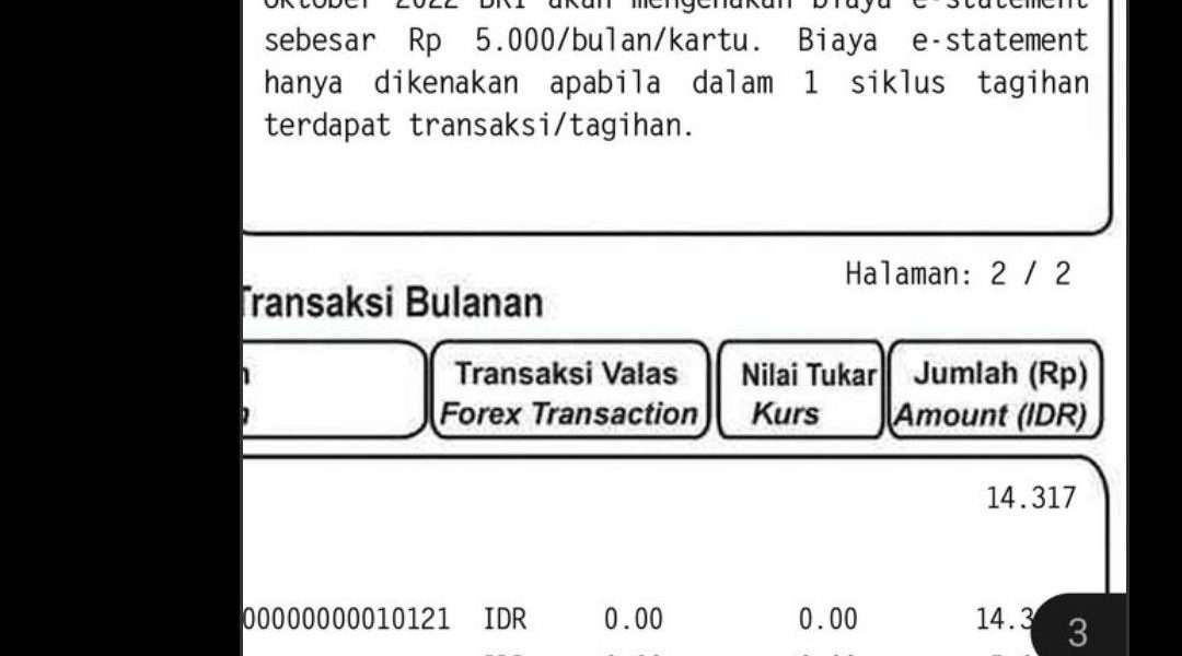 Biaya E-billing Statement BRI Tidak Konsisten