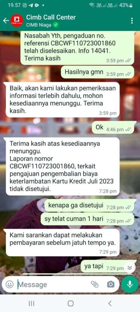 Kecewa dengan Adanya Biaya Late Charge Rp75.000 Kartu Kredit CIMB Niaga