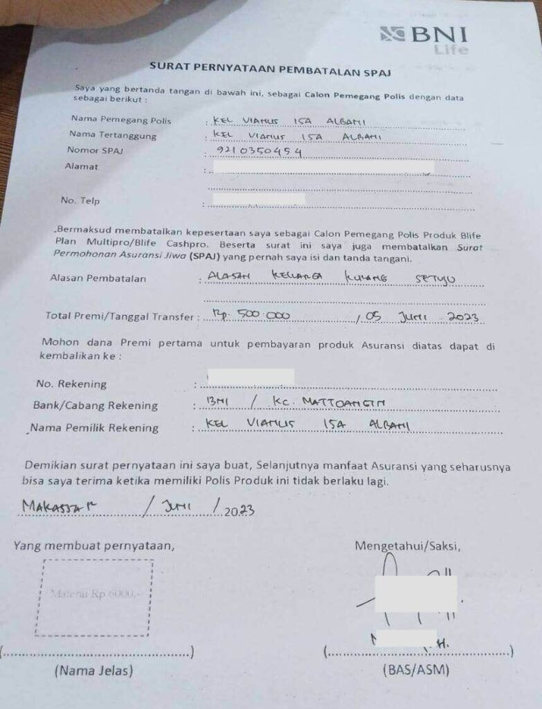 Pembatalan Polis Asuransi BNI Life yang Sangat Ribet dan Lama Prosesnya