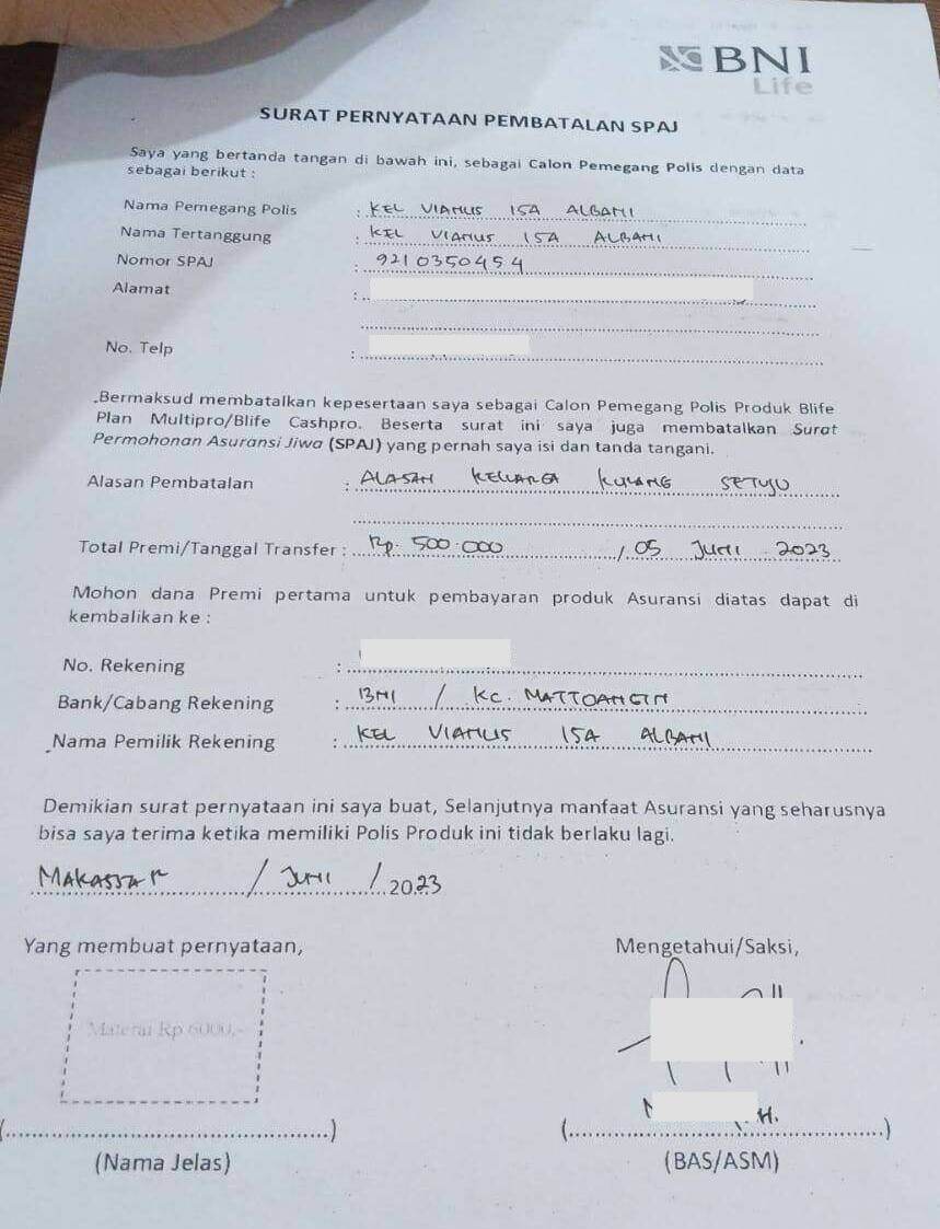 Pembatalan Polis Asuransi BNI Life yang Sangat Ribet dan Lama Prosesnya