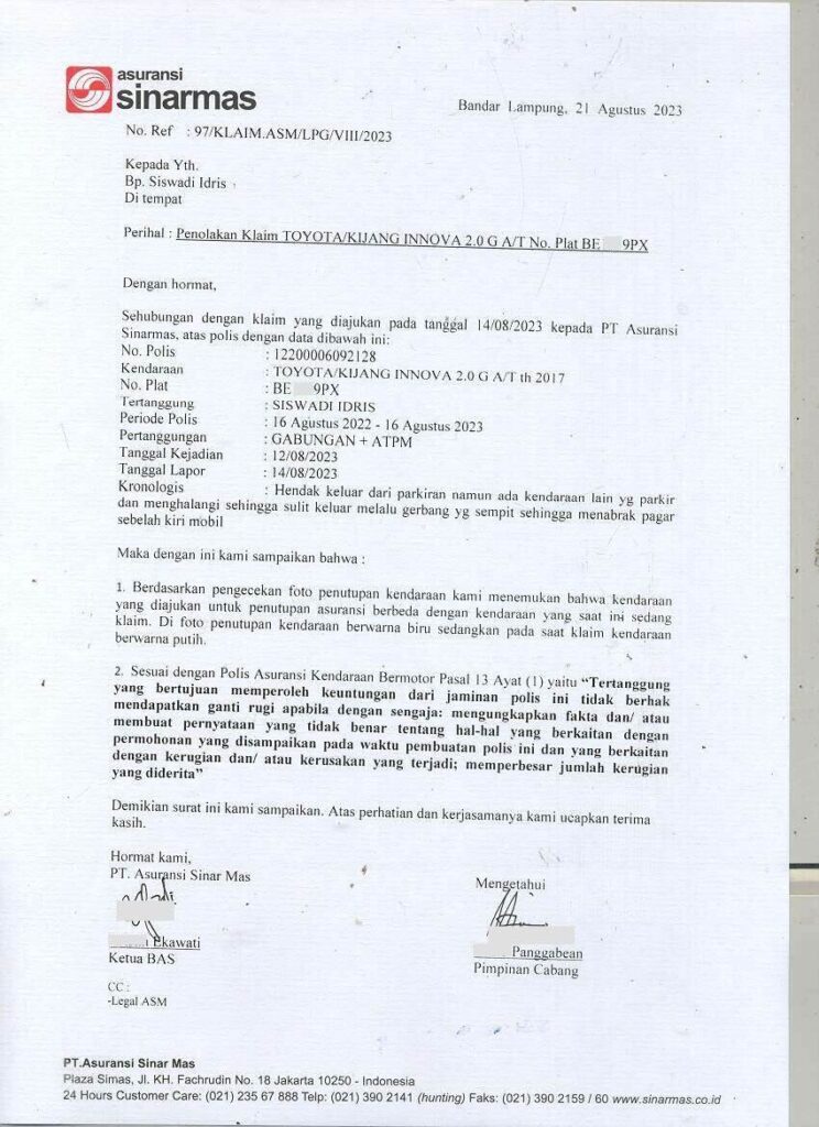 Klaim Asuransi Kendaraan Sinarmas Ditolak, Bagaimana Ini?