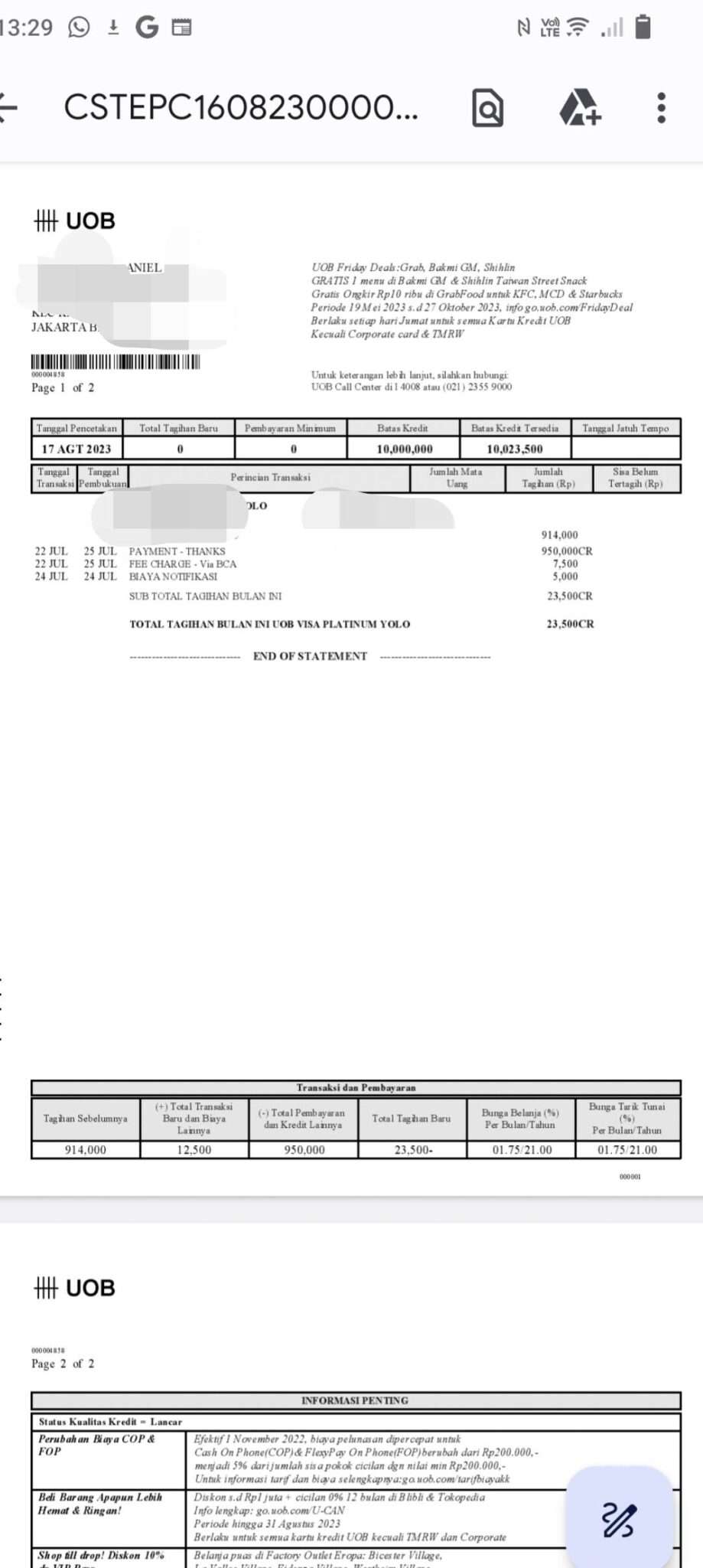 Akibat Pelayanan CS UOB 14008 yang Tidak Profesional, Menyebabkan Penutupan Kartu Kredit