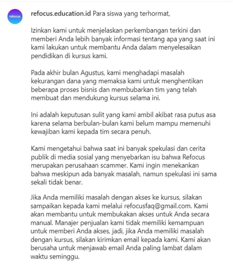 Surat Terbuka Terkait Penutupan Kursus Online Refocus