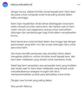 Surat Terbuka Terkait Penutupan Kursus Online Refocus