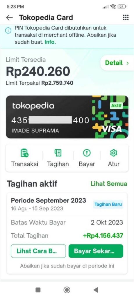 Tagihan Tokopedia Card Tidak Sesuai dengan Limit yang Digunakan