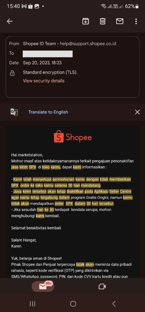 Shopee Kembali Mengaktifkan Layanan SPX Standard di Toko Saya