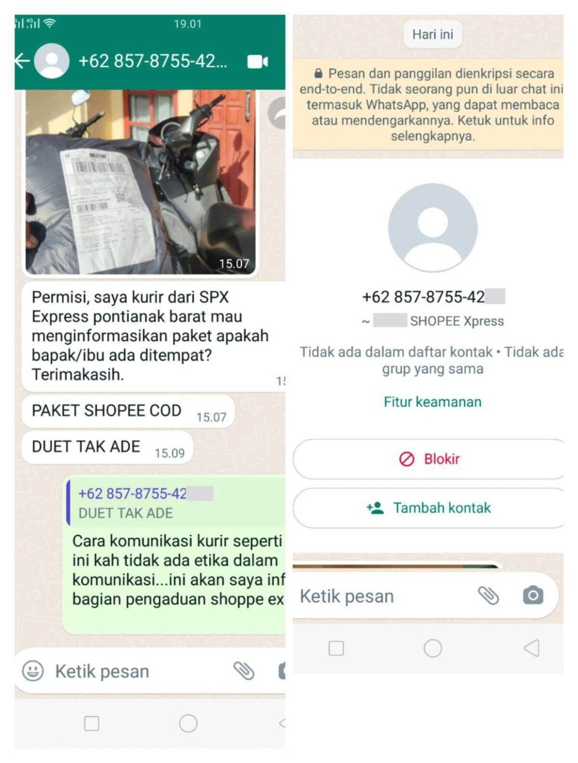 Kurir Shopee Express Mengirim Pesan WA yang Tidak Sopan