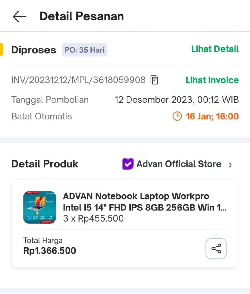 Flash Sale Nipu antara Advan Official Store dan Tokopedia