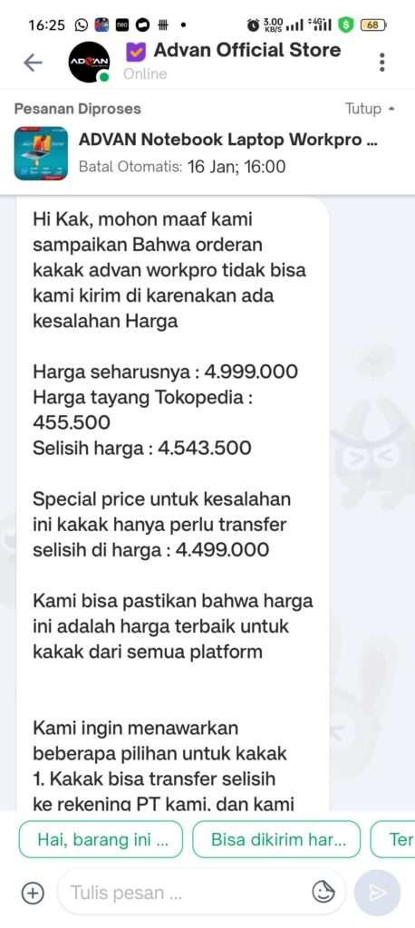 Flash Sale Nipu antara Advan Official Store dan Tokopedia