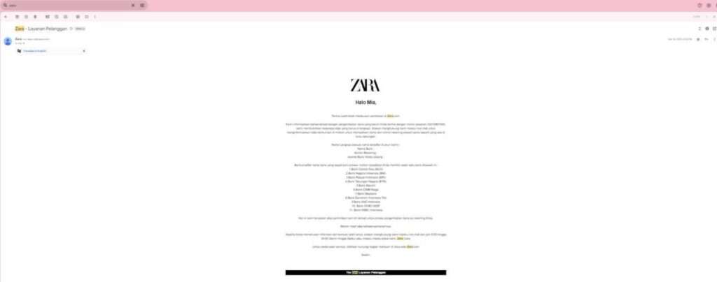 Pengembalian Dana dari Pihak Zara Belum Diterima Sejak Bulan Oktober