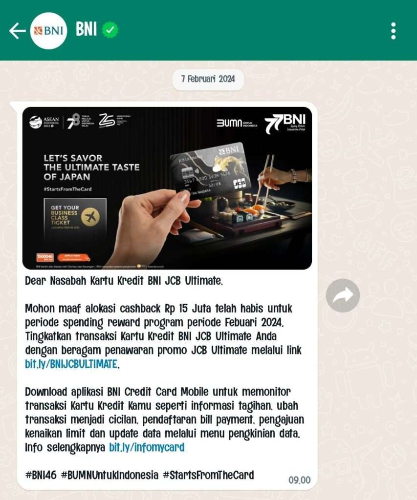 Program Spending Reward Kartu Kredit BNI JCB Ultimate yang Menipu Nasabah