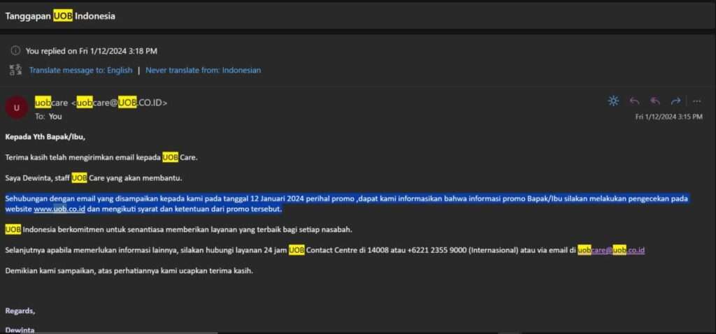 Kecewa dengan UOB Indonesia soal Welcome Bonus