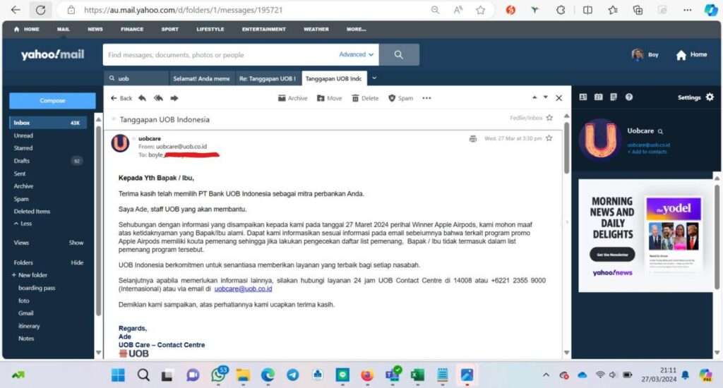 Dibohongi sebagai Pemenang Program Apple Airpods lewat Email Resmi UOB Indonesia