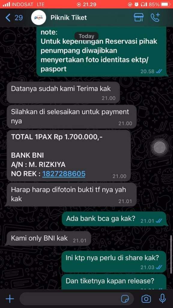 Modus Penipuan Pembelian Tiket Pesawat di Akun Instagram @piknik_tiket