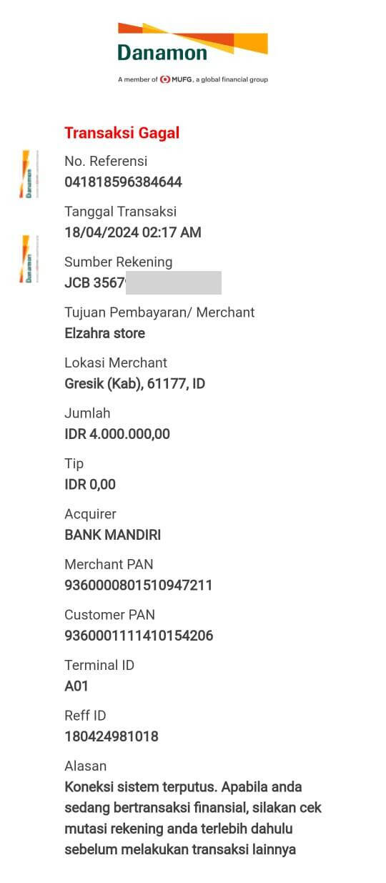 Pembayaran Scan QR Bank Danamon Status Gagal tapi Limit Terpotong