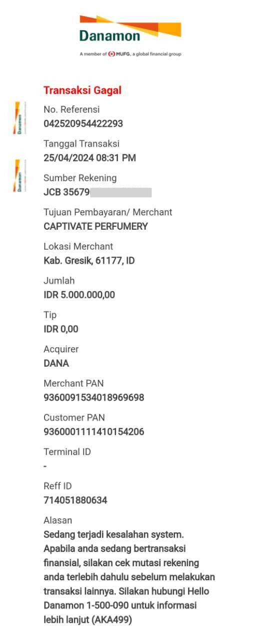 Pembayaran Scan QR Bank Danamon Status Gagal tapi Limit Terpotong