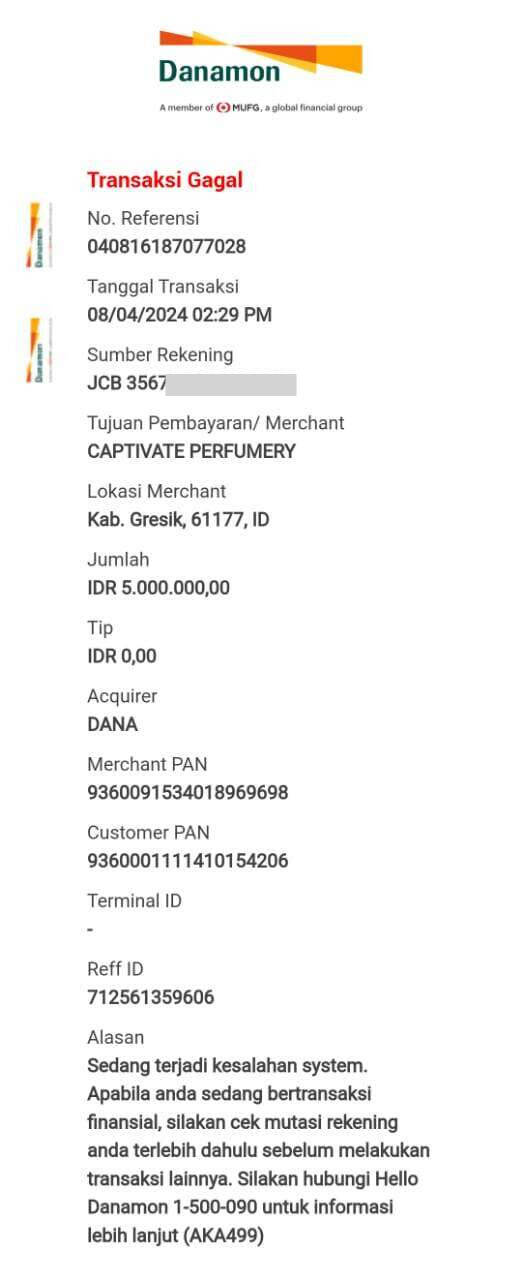 Pembayaran Scan QR Bank Danamon Status Gagal tapi Limit Terpotong