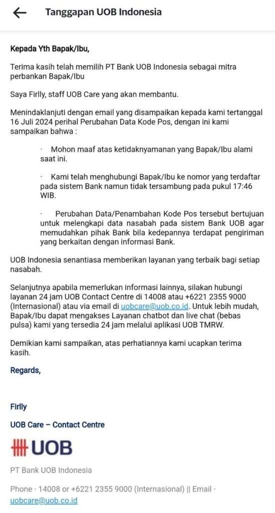 Perubahan Data di Bank UOB Secara Sepihak