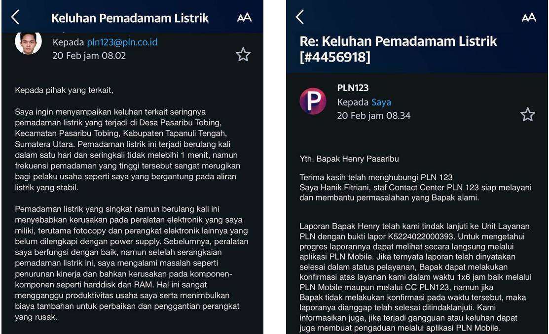 Permohonan Tindak Lanjut Mengenai Gangguan Listrik di Desa Pasaribu Tobing