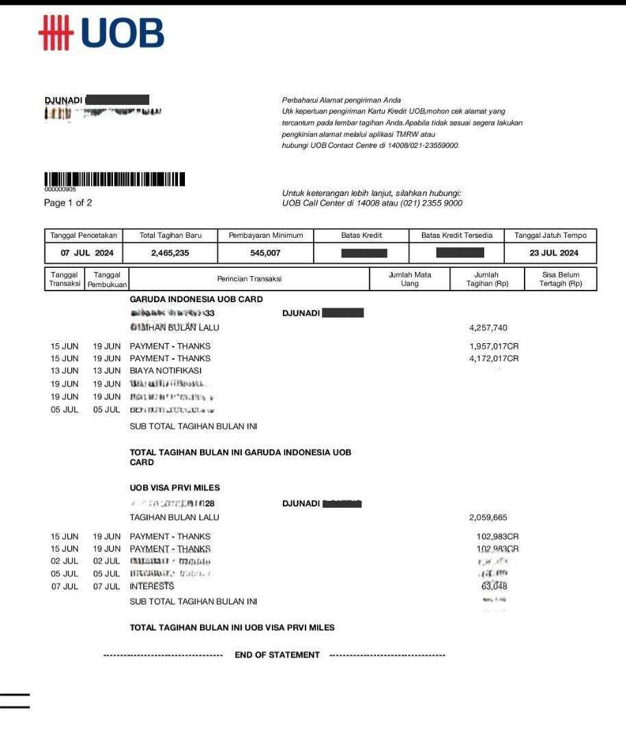 UOB Menolak Mengkreditkan Pembayaran Penuh Tagihan Kartu Kredit Saya