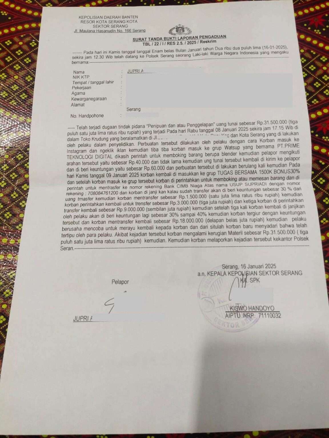 Permohonan Pemblokiran Rekening Bank yang Disalahgunakan untuk Penipuan Online