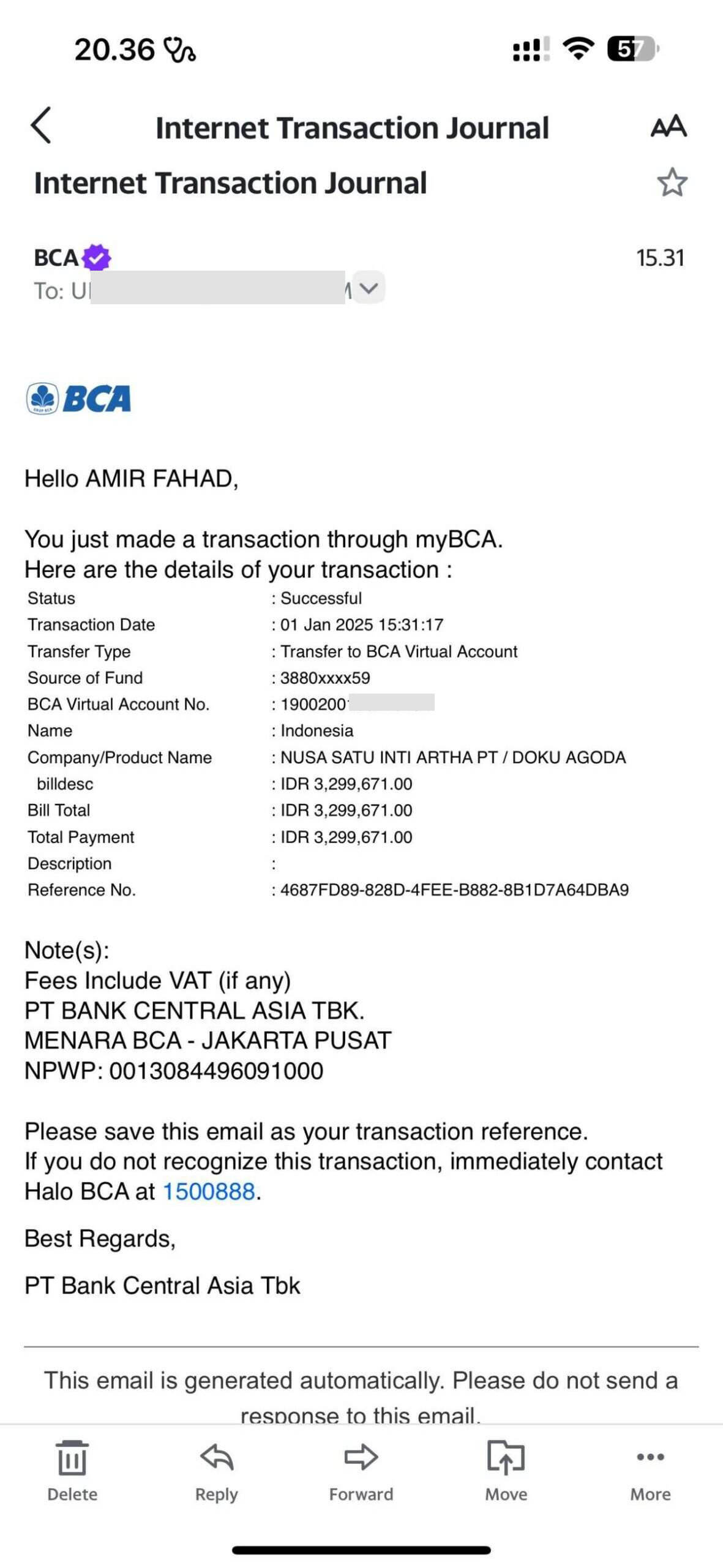 Transfer Virtual Account BCA Sukses tapi Tidak Sampai ke Agoda