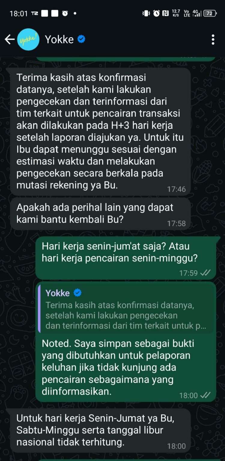 Keluhan Penahanan Pencairan Dana Transaksi oleh Yokke Livin' Merchant