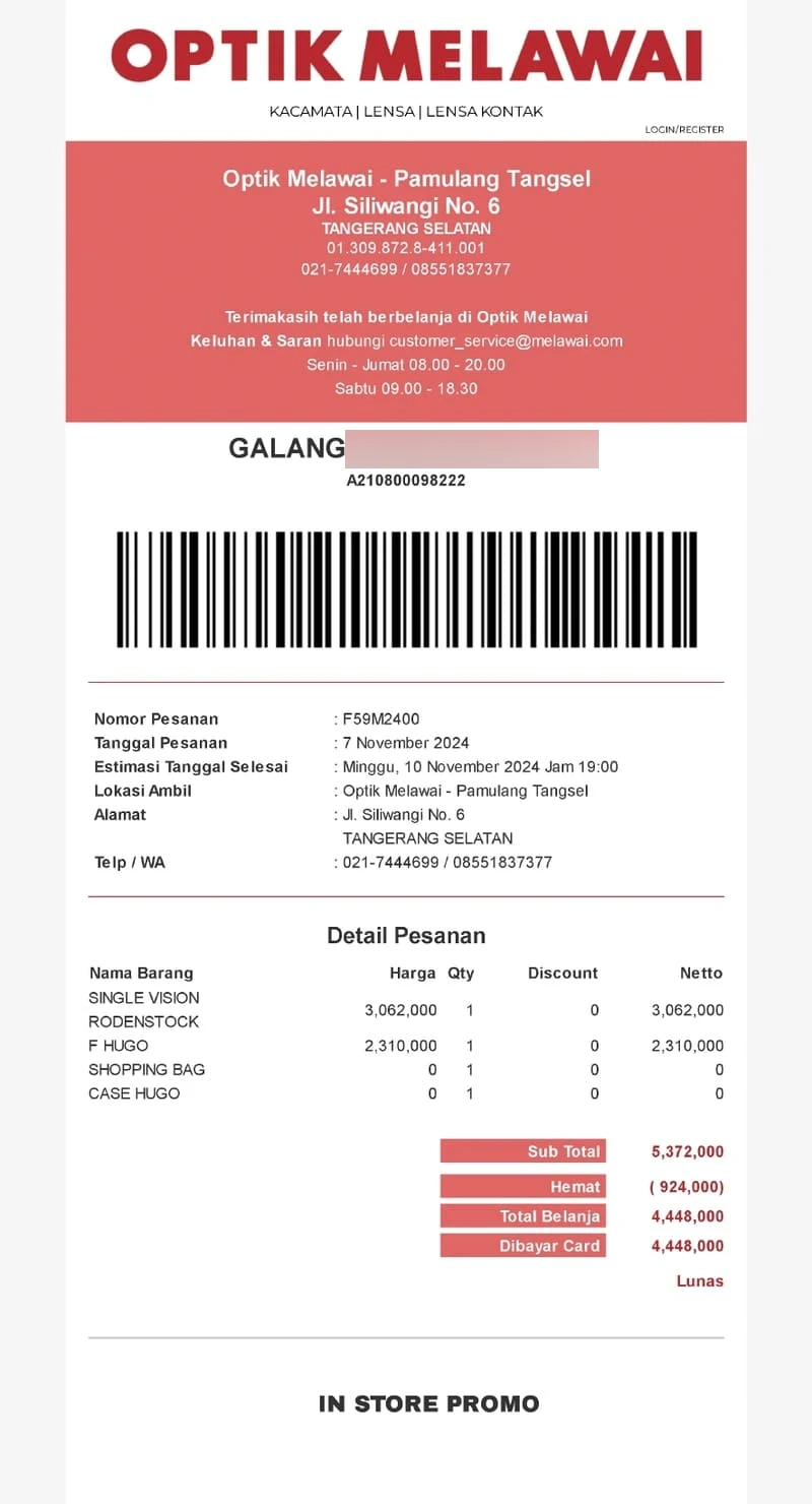 Kecewa dengan Barang Kualitas Buruk dari Optik Melawai Pamulang