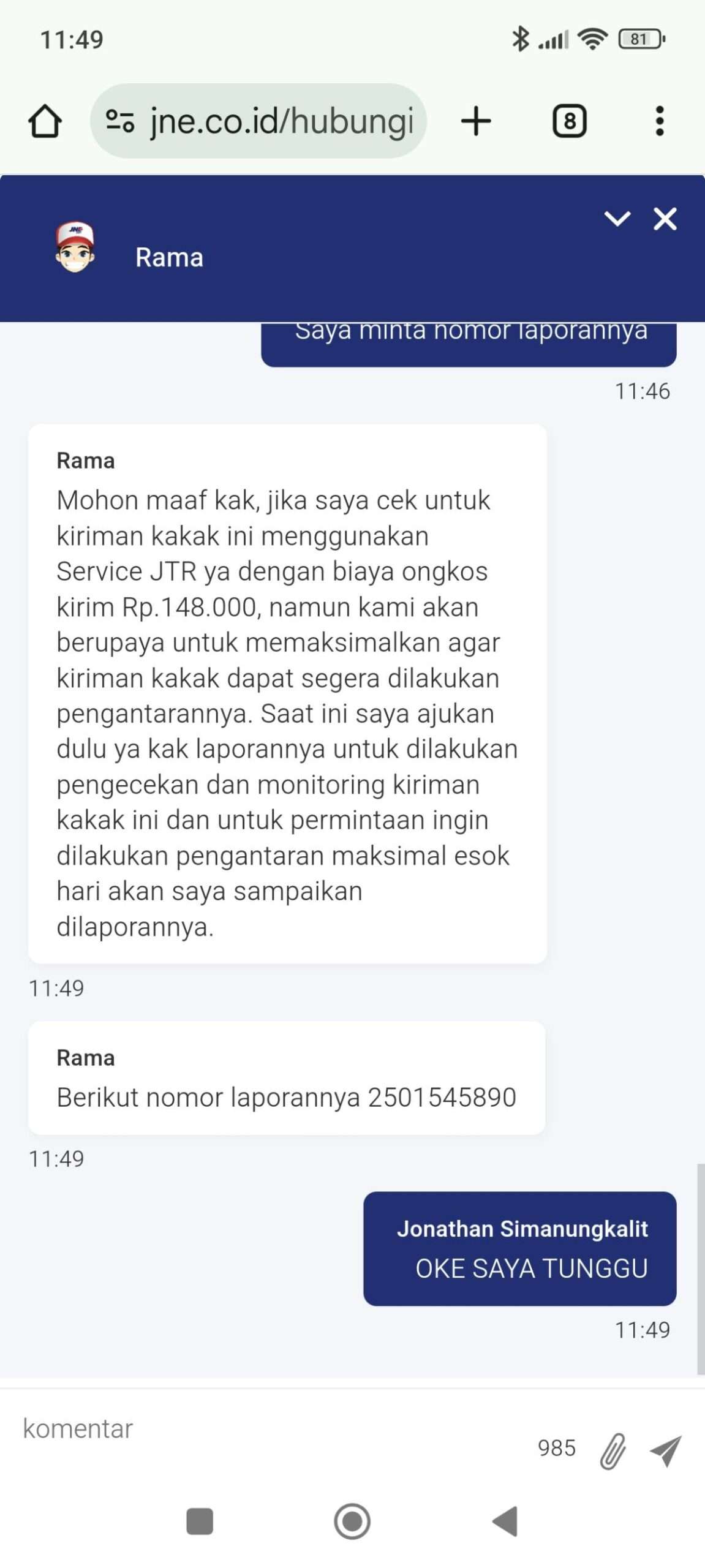 Jasa Pengiriman JNE Lambat