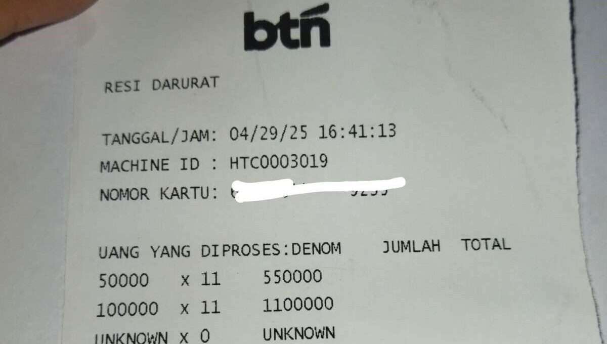 Setor Tunai di Mesin ATM BTN Tidak Masuk ke Rekening dan Mendapat Resi Darurat