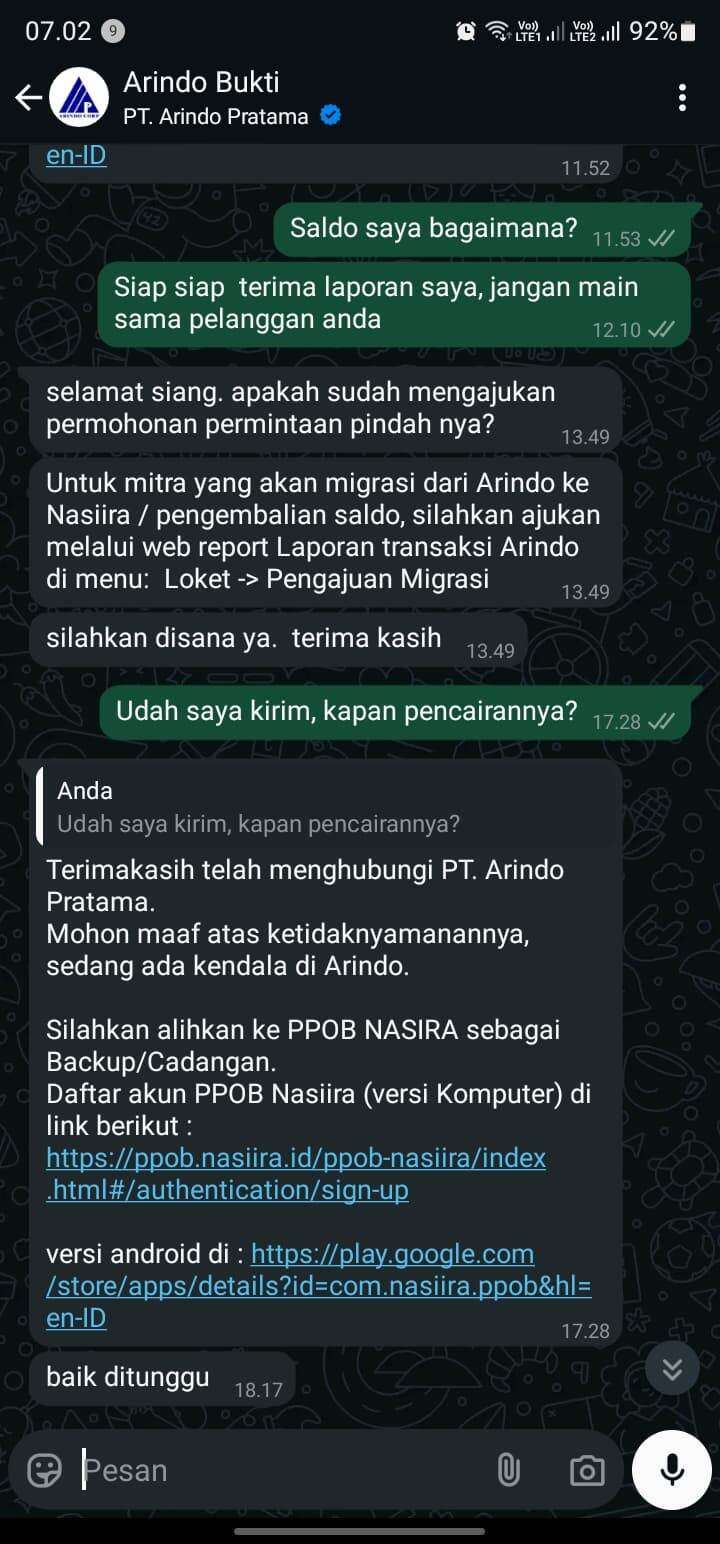 Arindo Pay PT Arindo Pratama (PPOB) Tidak Kunjung Mengembalikan Saldo ...